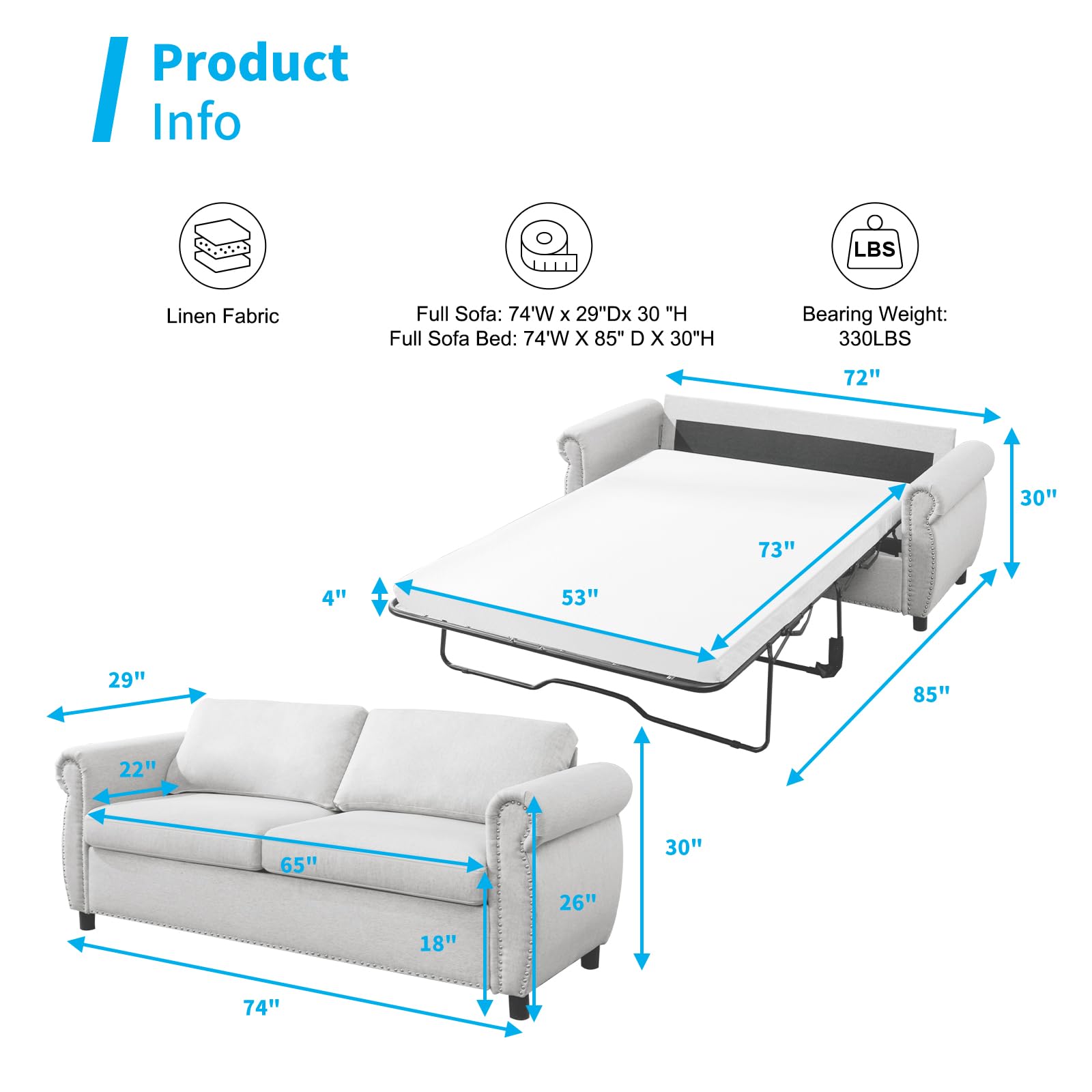 Mjkone Full Size Sleeper Sofa with 4" Foldable Memory Foam Mattress, 2 in 1 Upholstered Pull Out Sofa Bed with Nailhead Armrests, Modern Linen Pull Out Couch for Living Room Apartment Office, Gray