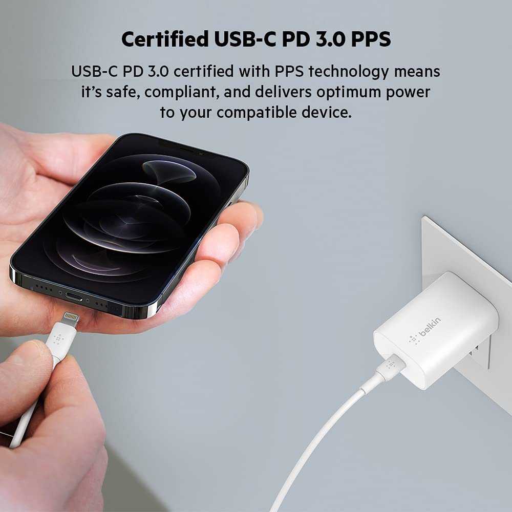 Belkin 25W USB-C Wall Charger and Braided USB-C to USB-C Charging Cable Bundle for iPhone 15 Series, iPad Pro, Galaxy S23 Series