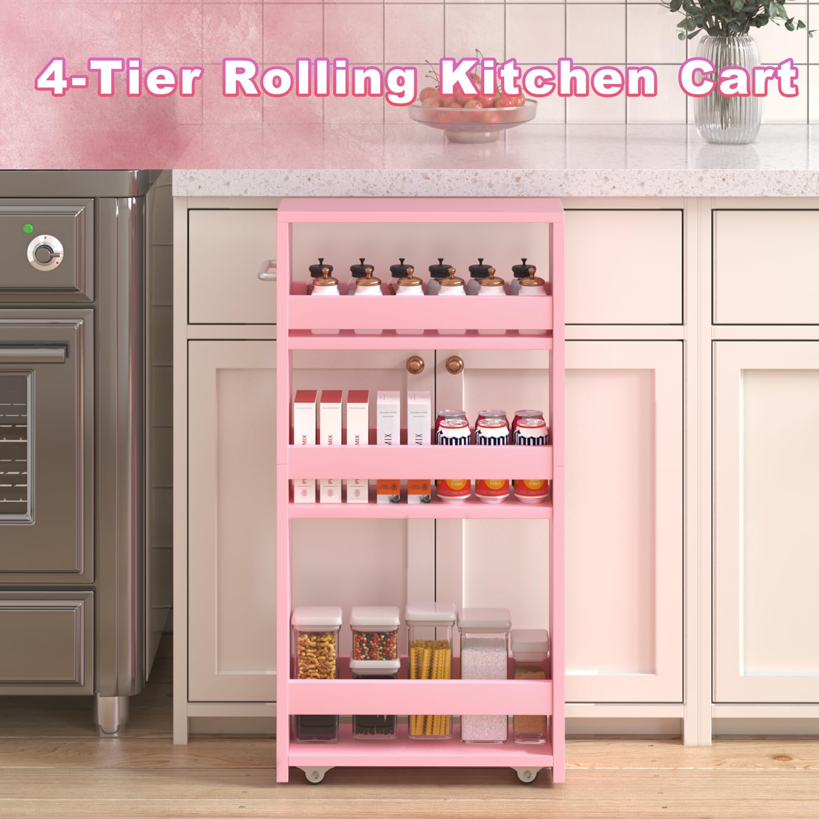 MARTY Pink Slim Storage Cart, 4-Tier Rolling Bookshelf Kitchen Cart with Wheels, Laundry Room Organization with Handle Slide Out Utility Cart Shelving Unit Trolley for Narrow Places