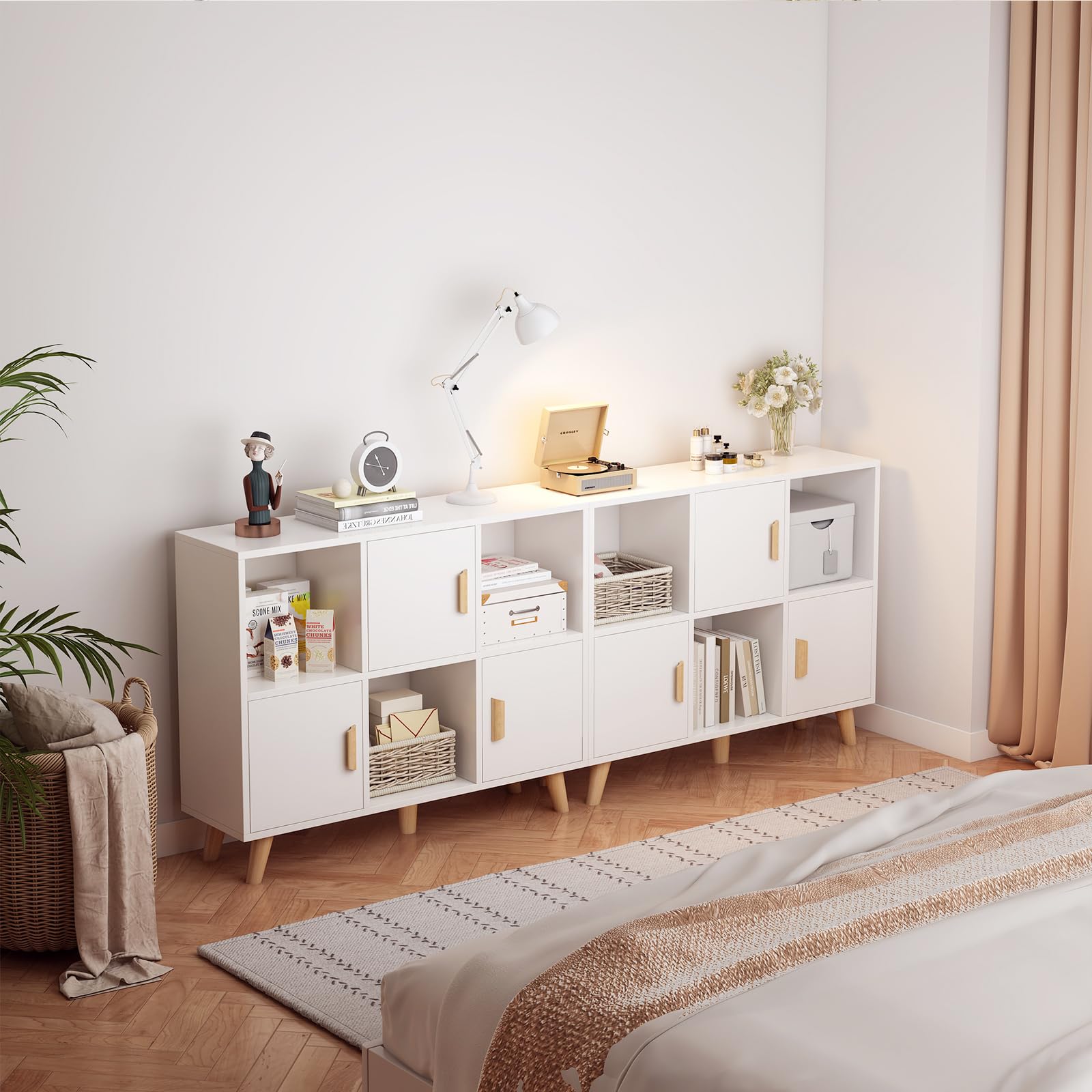 OSCHF Cubby Shelf Bookcase with Doors - Wooden 6 Cube Floor Standing Open Bookshelf with Solid Wood Legs, 2-Tier Low Storage Cabinet, Warm White