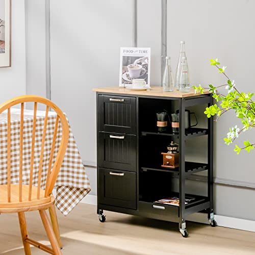 GOFLAME Kitchen Island Cart on Wheels with Storage, Versatile Rolling Cart with Wood Countertop, 3 Drawers, Removable Tray & Lockable Casters, Mobile Serving Trolley for Kitchen, Dining Room, Black