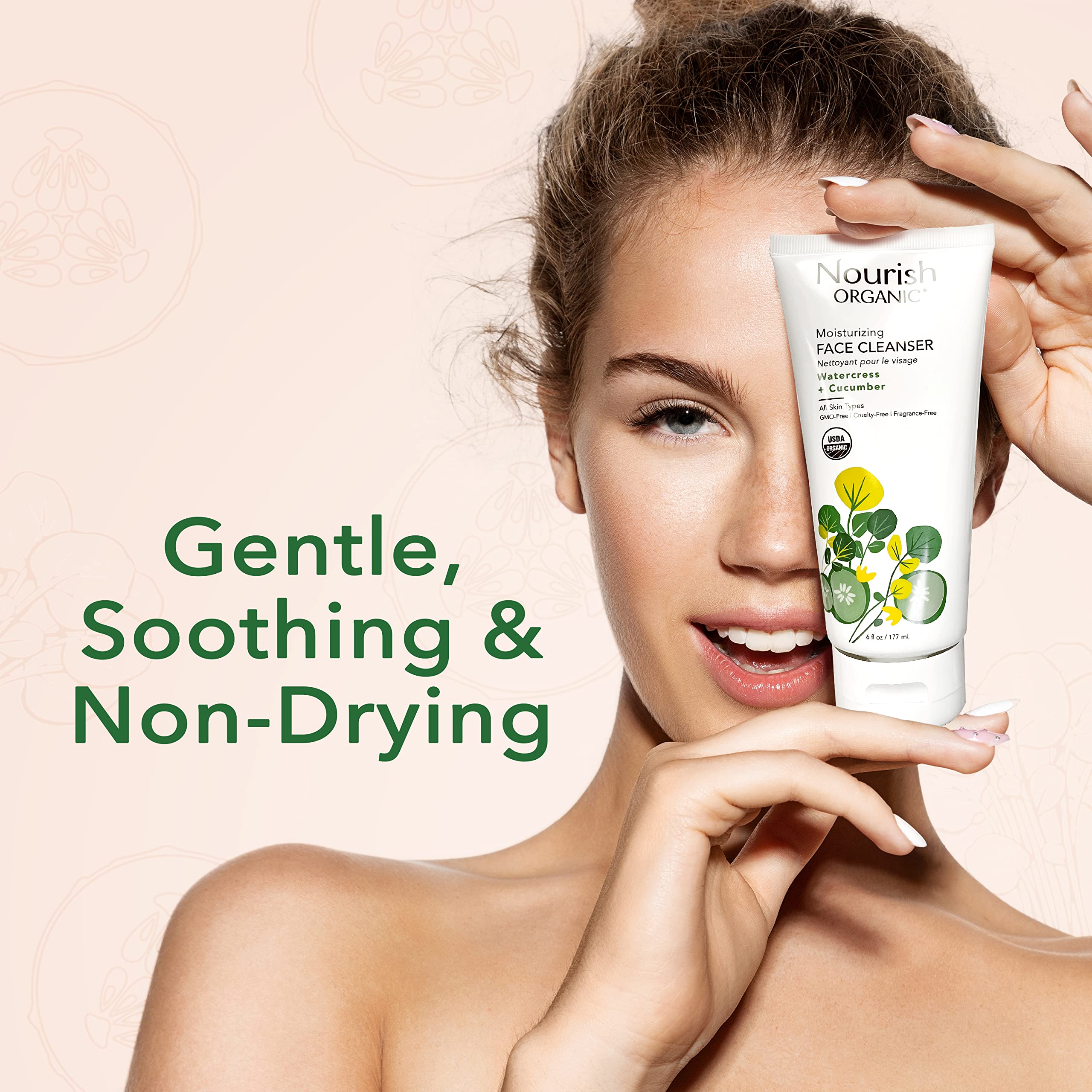 Nourish Organic Moisturizing Face Cleanser for All Skin Types, Watercress + Cucumber Face Wash, Fragrance-Free (6 Oz) + Washable Cotton Round