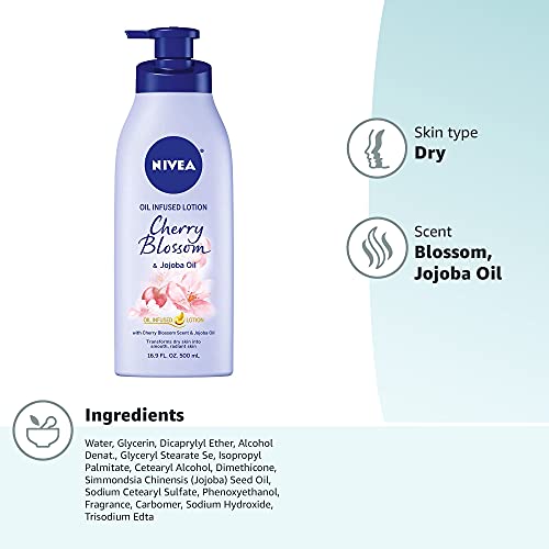 NIVEA Cherry Blossom and Jojoba Oil Infused Lotion, Moisturizing Body Lotion for Dry Skin, 16.9 Fl Oz Pump Bottle