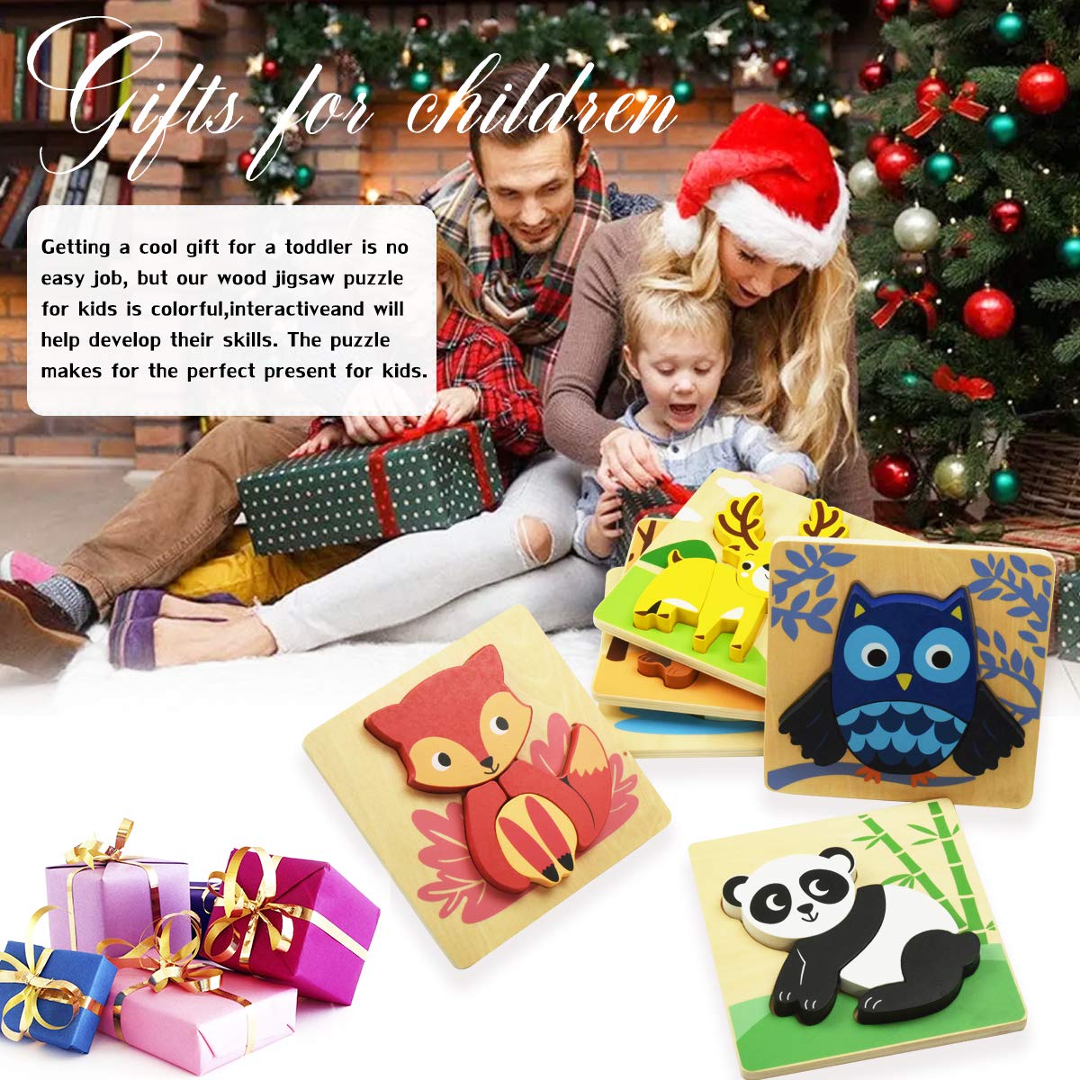 GYBBER&MUMU Wooden Thickened Animal Puzzle Toy Set Panda Deer Owl Duck Fox Puzzle Toy Hand-Eye Coordination Intellectual Toy Set for Preschool (Deer)
