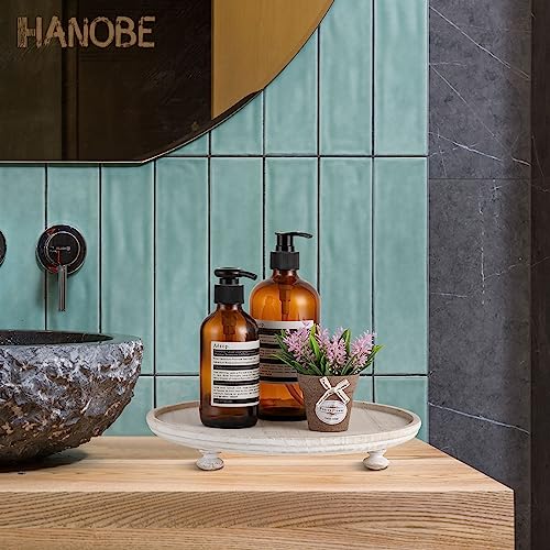 Hanobe Wood Risers for Decor: Rustic Round Wooden Pedestal Stand Tray for Display Farmhouse Table Decorative Risers for Dessert Candle Cake Plant, White 11"