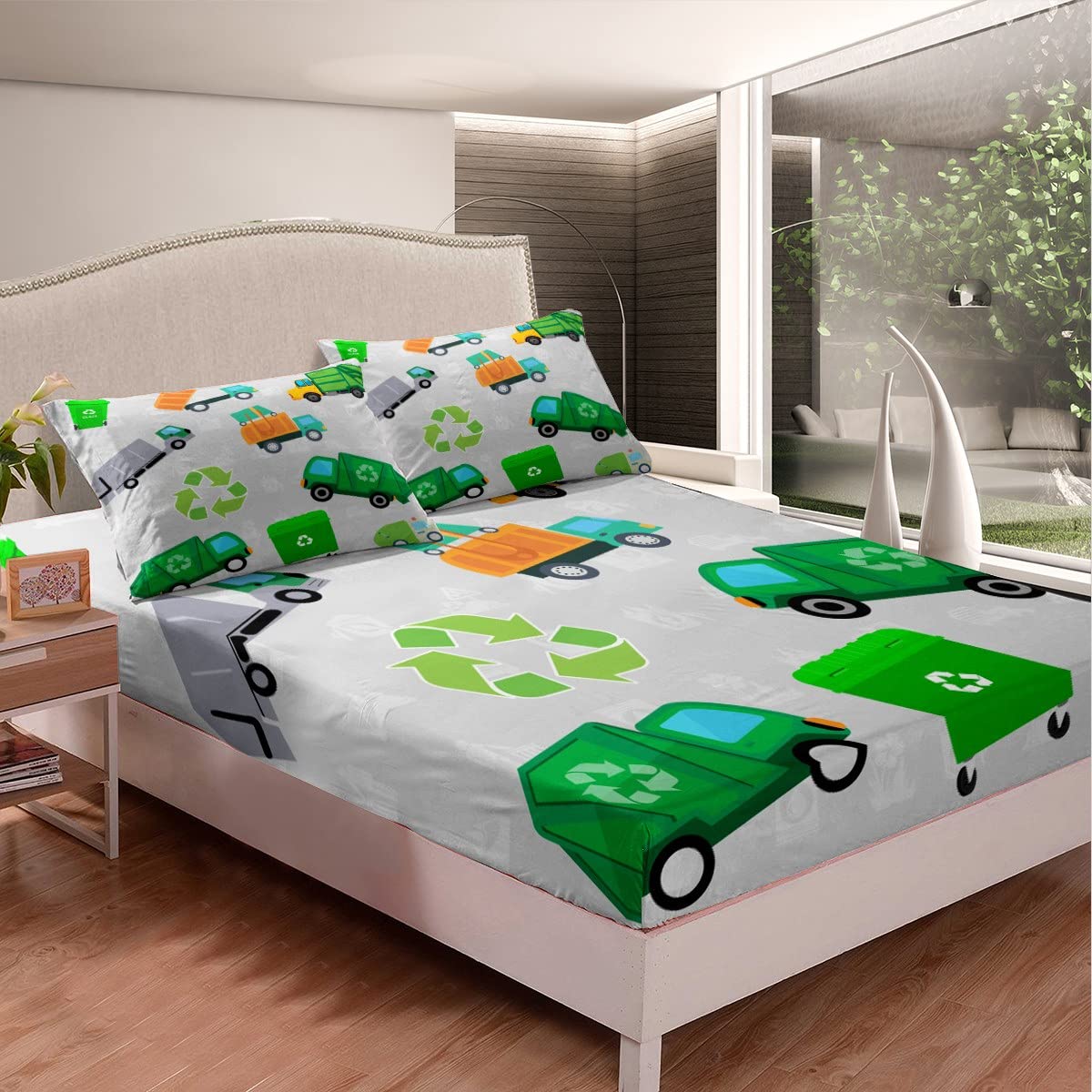 Boys Green Garbage Truck Bed Sheets Set Cartoon Trash Truck Sheet Set for Kids Green Vehicle Car Sheets with Deep Pocket Fitted Sheet Garbage Truck Toy Bedding Set Queen Size With 2 Pillow Case