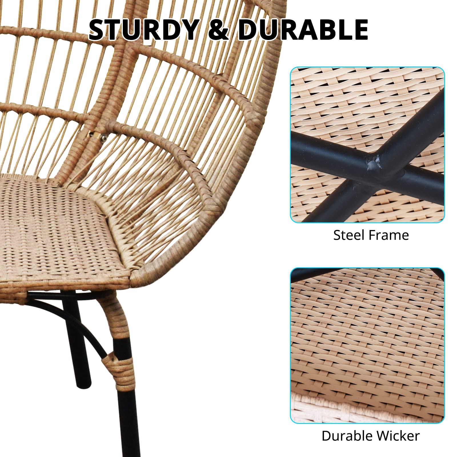 OTSUN Wicker Egg Chair, Oversized Indoor Outdoor Lounger for Patio, Backyard, Living Room with 4 Cushions, Steel Frame, Apricot