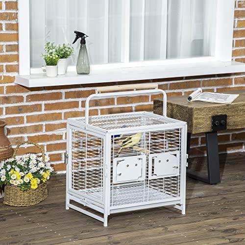 PawHut 19" Travel Bird Cage Parrot Carrier with Handle Wooden Perch for Cockatiels, Conures, White