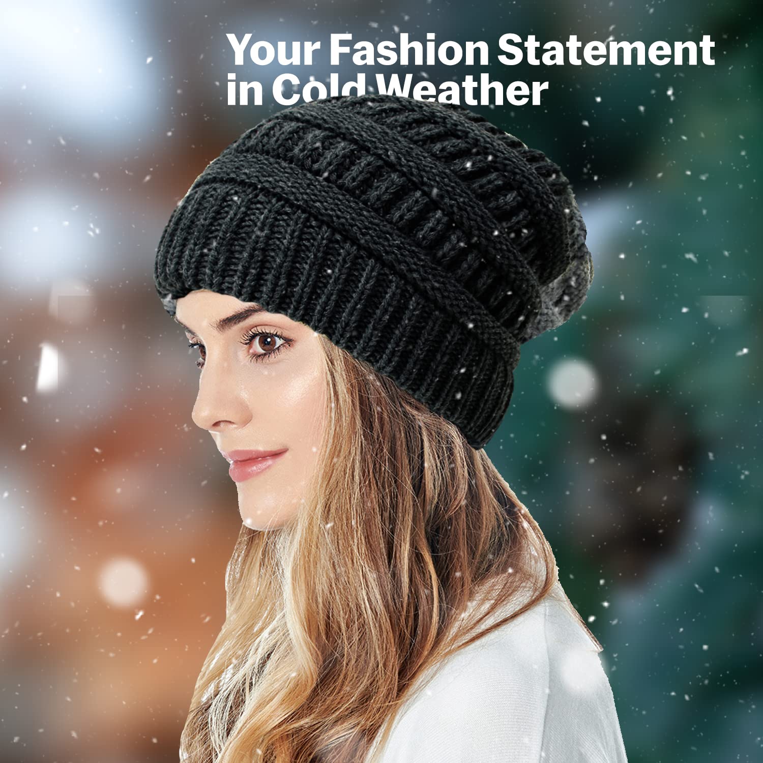 BELTONI Winter Cable Knit Beanie, Warm and Soft Hat Cap for Women, Frizz-Free with Satin Lining Black