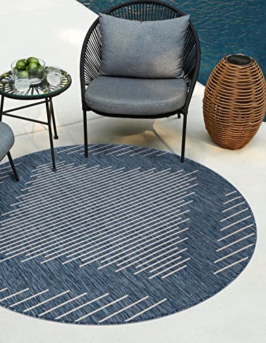 Unique Loom Outdoor Modern Collection Area Rug - Tambor (6' Round Blue/Ivory)