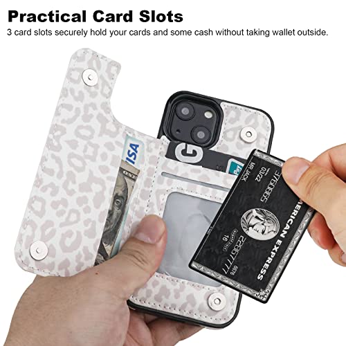 HAOPINSH for iPhone 13 Mini Case Wallet with Card Holder, White Leopard Cheetah Print Back Flip Folio PU Leather Kickstand Card Slots Case for Women Girls, Double Magnetic Clasp Shockproof Cover 5.4"