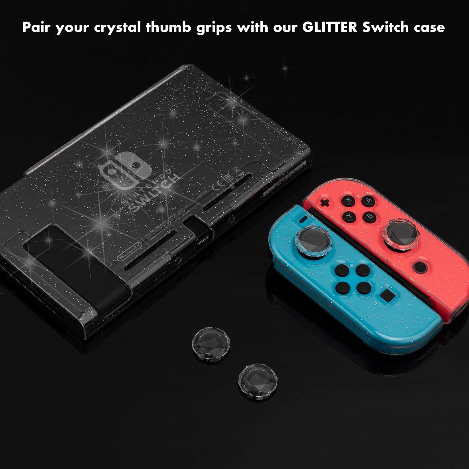 BelugaDesign Clear Crystal Thumb Grips | Compatible with Nintendo Switch Standard Lite OLED | Glitter Transparent Button Cap Joystick Cover for Joy-Con | Pack of 2 (Clear Crystal)
