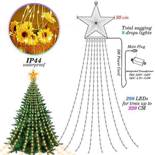 Ghope 298 LED 11.5ft Christmas Decorations Waterfall Lights,8 Modes Timer IP44 Waterproof Christmas Light,Tree Lights with Star Topper,Hanging Fairy Twinkle Lights for Holiday, Party, Wedding