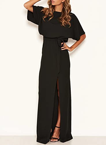 Happy Sailed Womens Batwing Sleeve Tie Waist Long Maxi Dress Side Split Formal Party Dresses Evening Gown Black X-Large