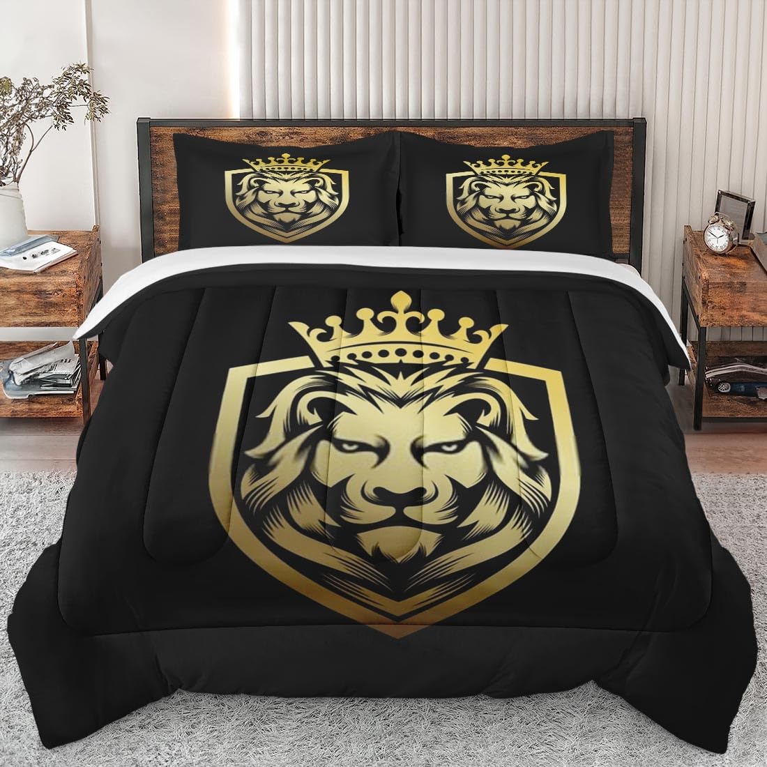 Pinbeam Comforter Set Queen Size, Royal King Lion Gold Soft Bedding Set for Kids and Adults Bedroom Bed Decor, Animal Vintage Crown Comforter Set with 2 Pillowcases
