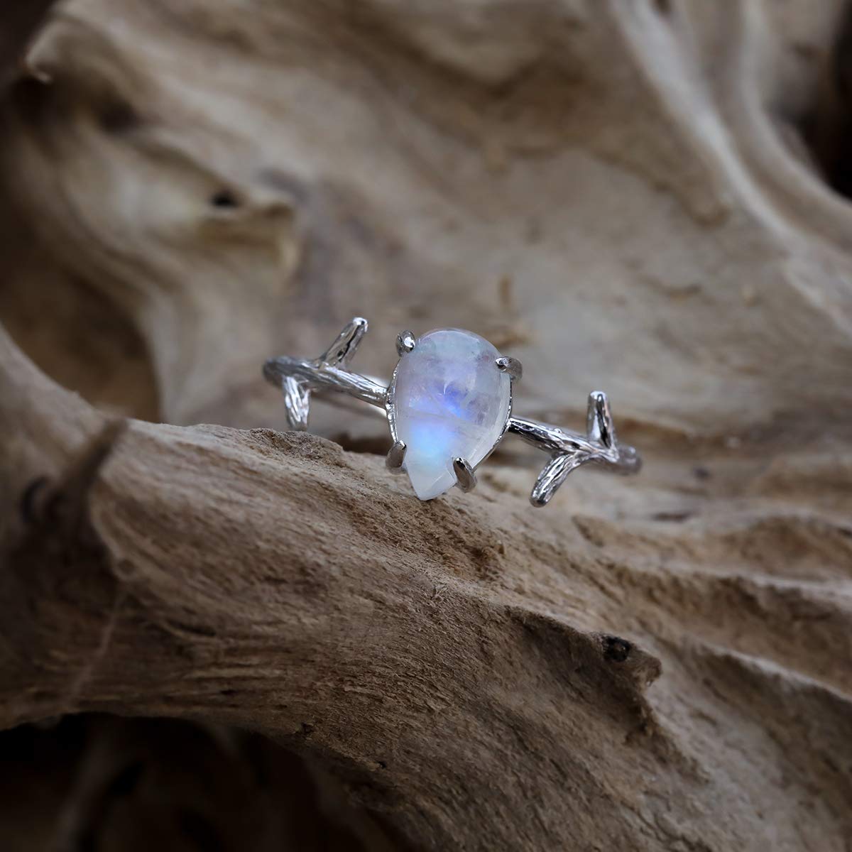 Angol Genuine Moonstone Ring Sterling Silver Thick Irregular Branches Ring Hypoallergenic Moonstone Jewelry for Women