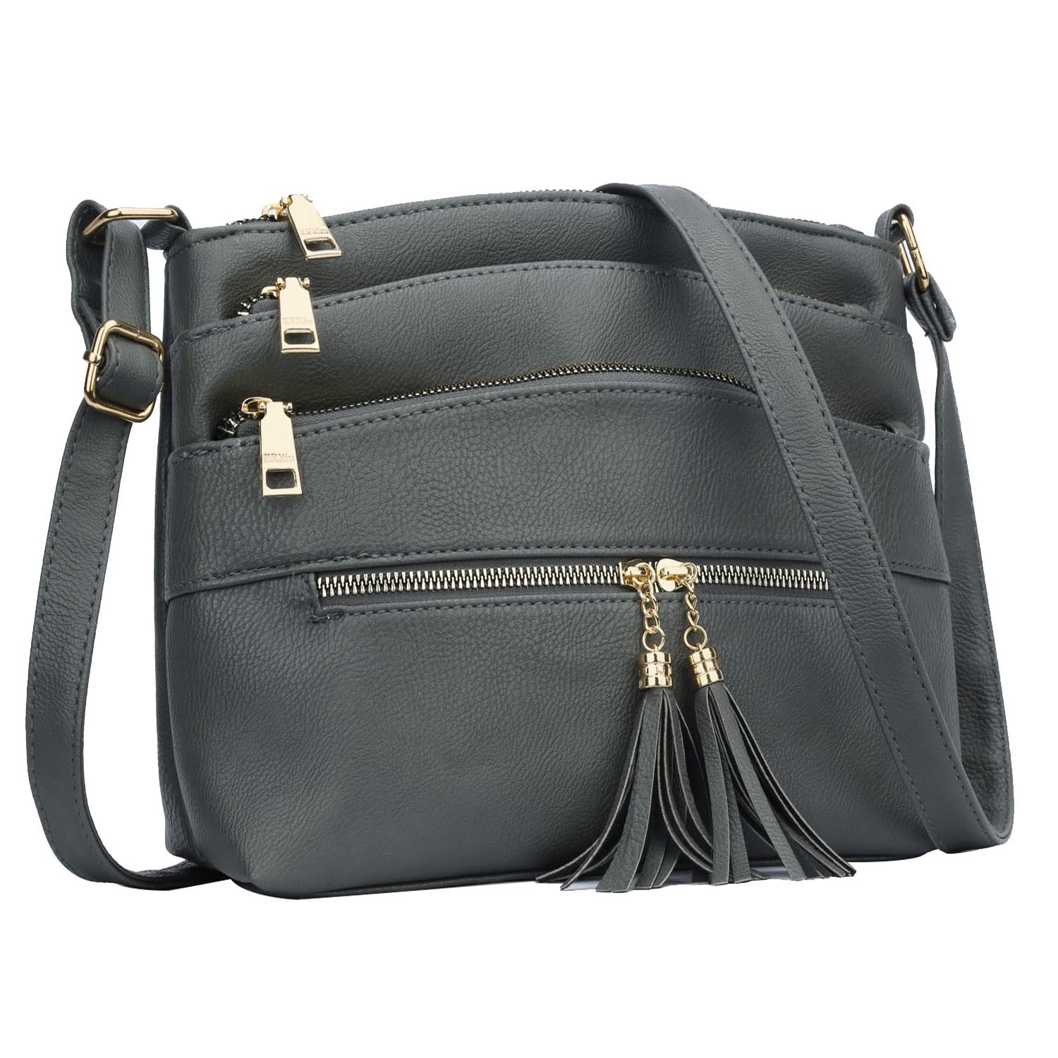 KKXIU Multiple pocket Fashion Leather Crossbody Bags for Women and Ladies Shoulder Purses with Tassel (Grey)