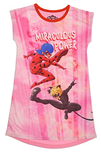 Miraculous Ladybug Pajamas for Girls Nightgown and Slipper Set, Short Sleeve Dorm Shirt, Red/Pink, Size 6/6X