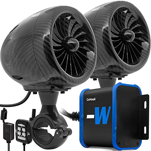 GoHawk TJ4-W Carbon Black Waterproof Amplifier 4" Full Range Bluetooth Motorcycle Stereo Speakers 1 to 1.25 in. Handlebar Mount Audio Amp System Harley Touring Cruiser ATV 4-Wheeler, USB AUX FM Radio