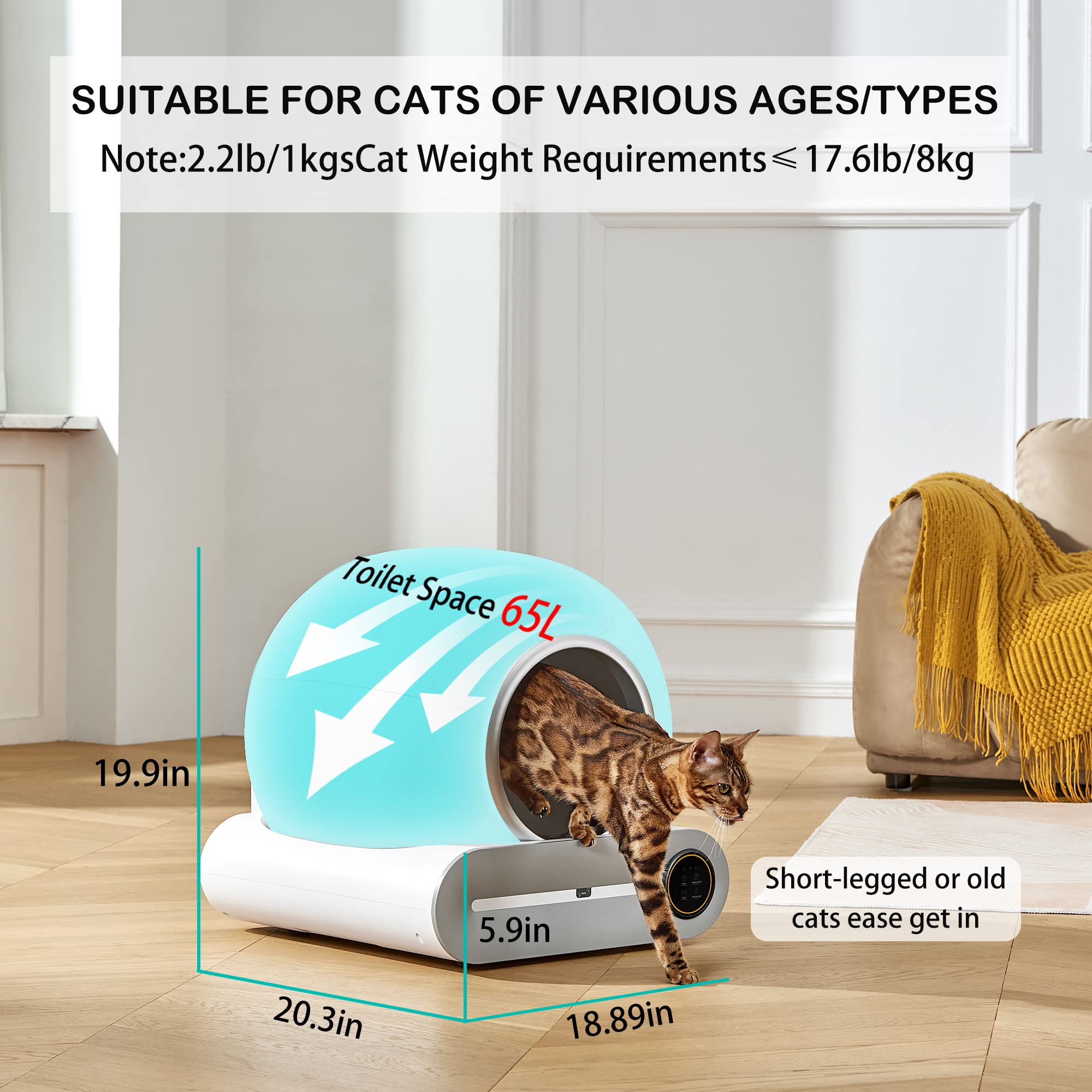 Angol Shiold Automatic Self Cleaning Cat Litter Box 65L Extra Large Capacity Smart Kitty Litter Box with App Control/Odor Removal/Low Noise for Multiple Cats (Silver)