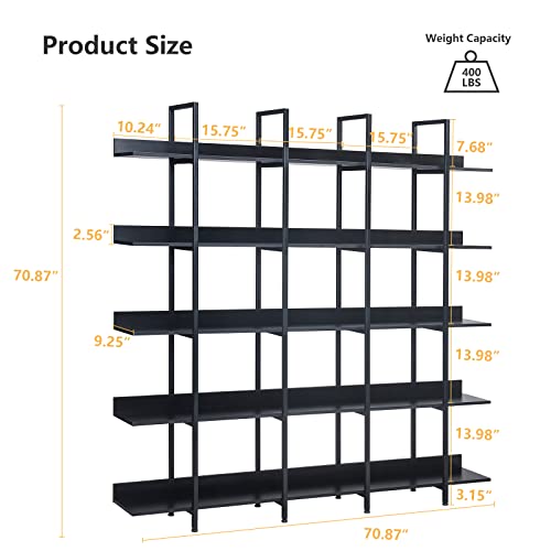 KIVENJAJA Triple Wide 5-Tier Bookshelf, Industrial Display Bookcase with Metal Frame, Tall Open Storage Book Shelves for Bedroom, Living Room, Home Office (Black)
