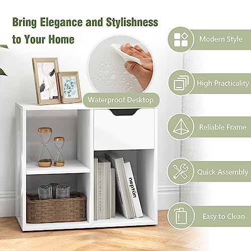 Giantex 3 Cube Bookcase with Drawer White, 21" Wooden Floor Standing Storage Organizer w/Open Storage Cabinet, Freestanding Display Shelf for Bedroom Living Room Kid’s Playroom Reading Nook (1)