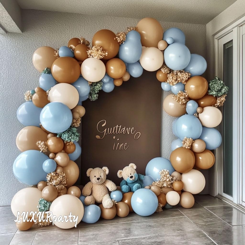 Blue Brown Nude Balloon Garland Double Stuffed Dusty Blue Coffee Pastel Balloon Kit for Teddy Bear Baby Shower Boy Birthday Gender Reveal Boho Theme Party Decorations