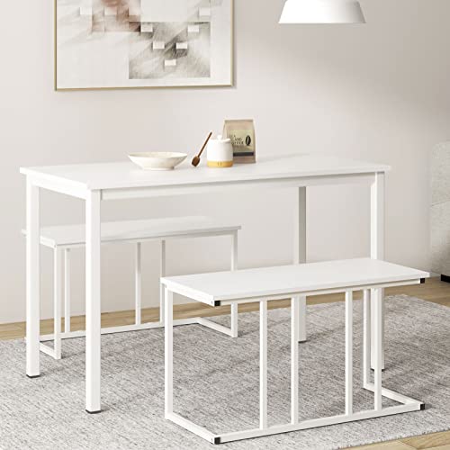 DlandHome 47'' Dining Table Set for 4, Kitchen Table Set Dining Table and 2 Benches, Kitchen Table and Benches, 3 Pieces Breakfast Table Set Dining Table with Bench Dining Room Bench Set, White