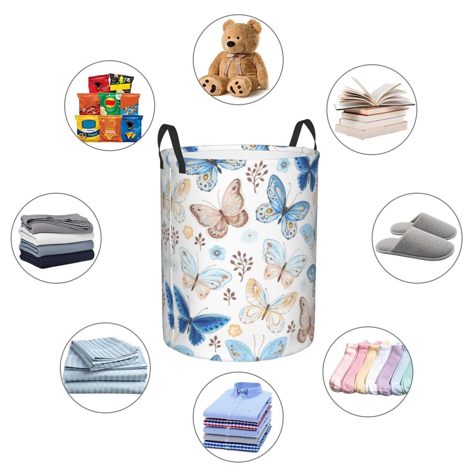 Blue Brown White Butterfly Freestanding Laundry Hamper Personalized Dirty Clothes Hamper Storage Basket For Bedroom,Bathroom,College Dorm Boys And Girls Cat Dog Pet Toy Storage
