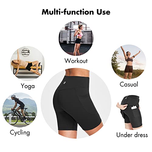 BALEAF Women's Long Compression Biker Shorts with Pockets High Waisted Spandex Workout Yoga Running Shorts Black S