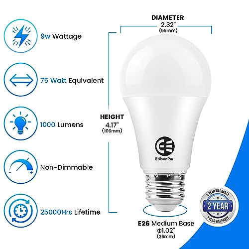 EdisonPar A19 6-Pack LED Light Bulbs, E26 Base 75W Equivalent 1000lumens 4000K Neutral Daylight, Cool White (CWF), Non-Dimmable 9W 15000Hrs Indoor UL