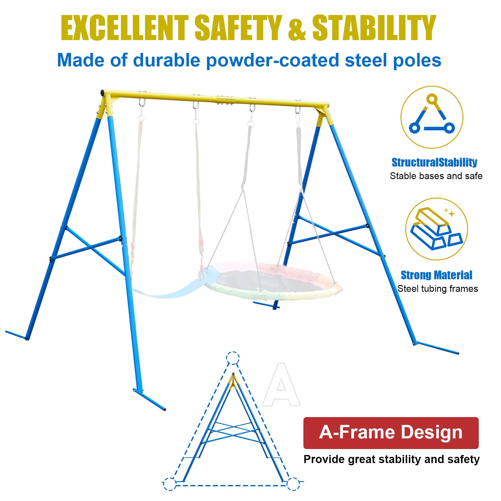 Hishine Swing Stand Metal Frame for Backyard, Heavy Duty Full Steel A-Frame with Ground Stakes, Fits 2 Swings Extra Large Outdoor 550lbs (Bicolor)