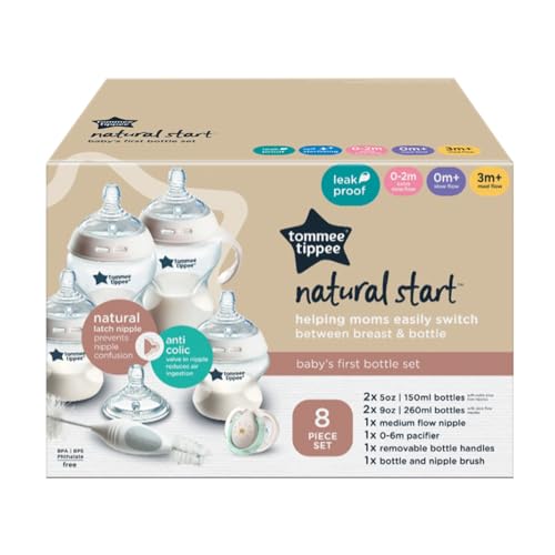 Tommee Tippee Natural Start Baby’s First Bottle Set, 2 x 5oz and 2 x 9oz Anti-Colic Bottles, Slow and Medium Flow Nipples, 0-6 month Pacifier, Self-Sterilizing