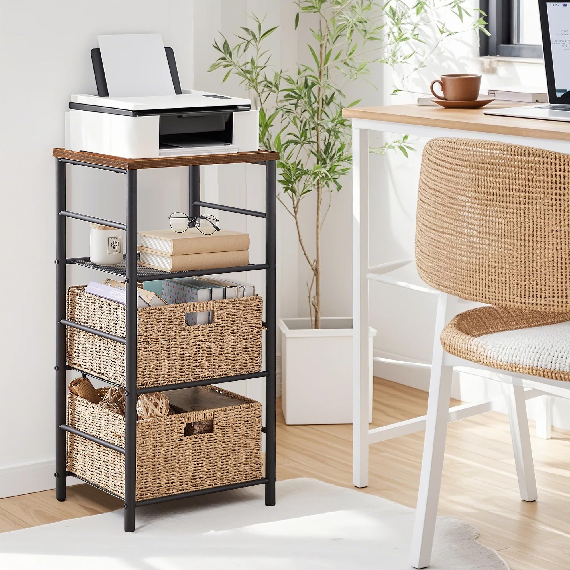 VECELO Tall Side Table, 3-Tier Telephone Stand with Storage Shelf and Baskets, High Nightstand for Small Space, Living Room, Bedroom, Office, Brown