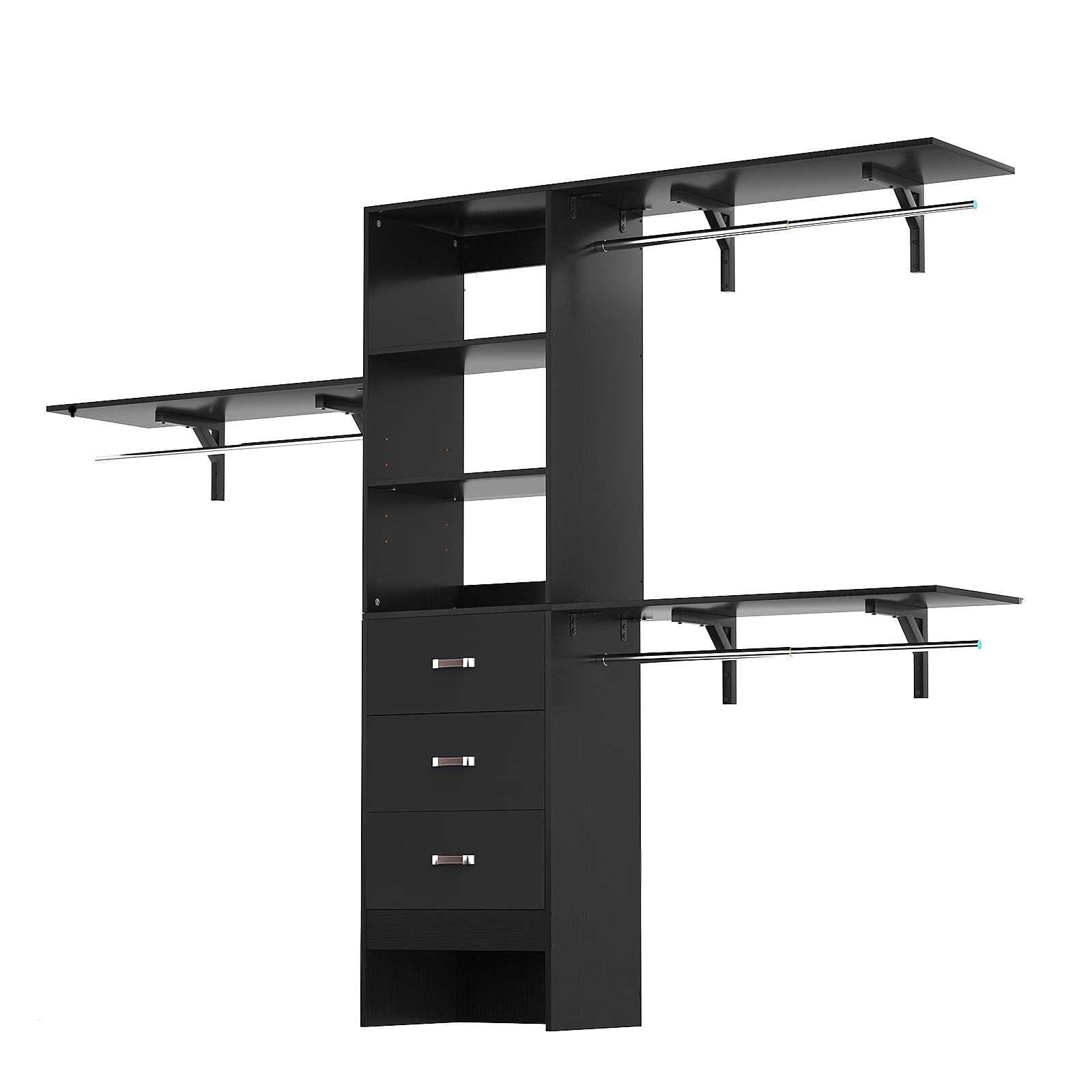 iSunirm 8FT Closet System, 96'' Closet Organizer System with 3 Hanging Rods, Wall Mount Bedroom Wardrobe with 3 Drawers Walk-in Closet, Adjustable Cloth Garment Rack from 5 to 8FT (Cut to Fit), White