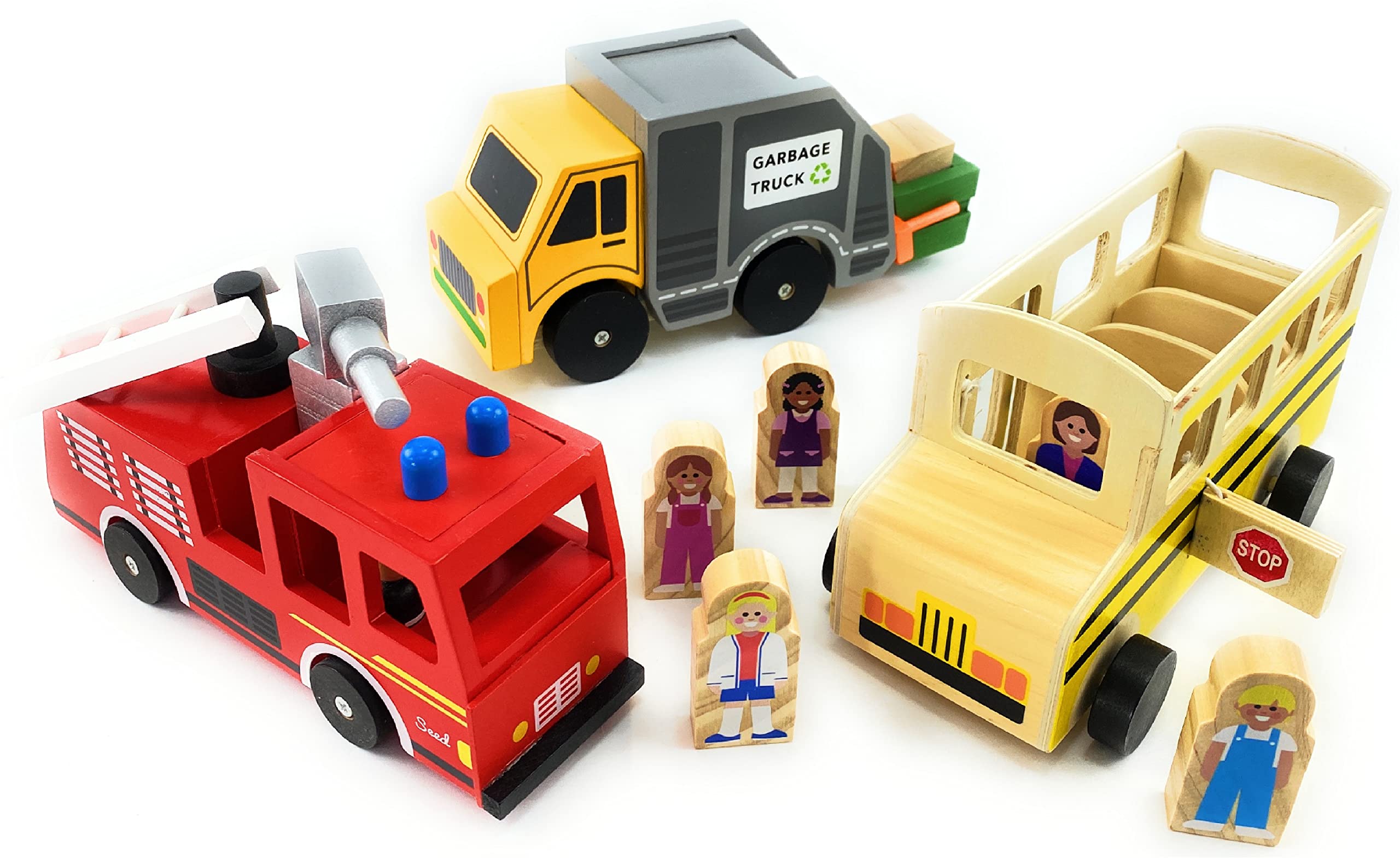 Matty's Toy Stop Deluxe Wooden Vehicle Set Featuring a School Bus (with 5 Play Figures), Fire Engine (Fire Truck) and Garbage Truck Gift Set Bundle - 3 Pack