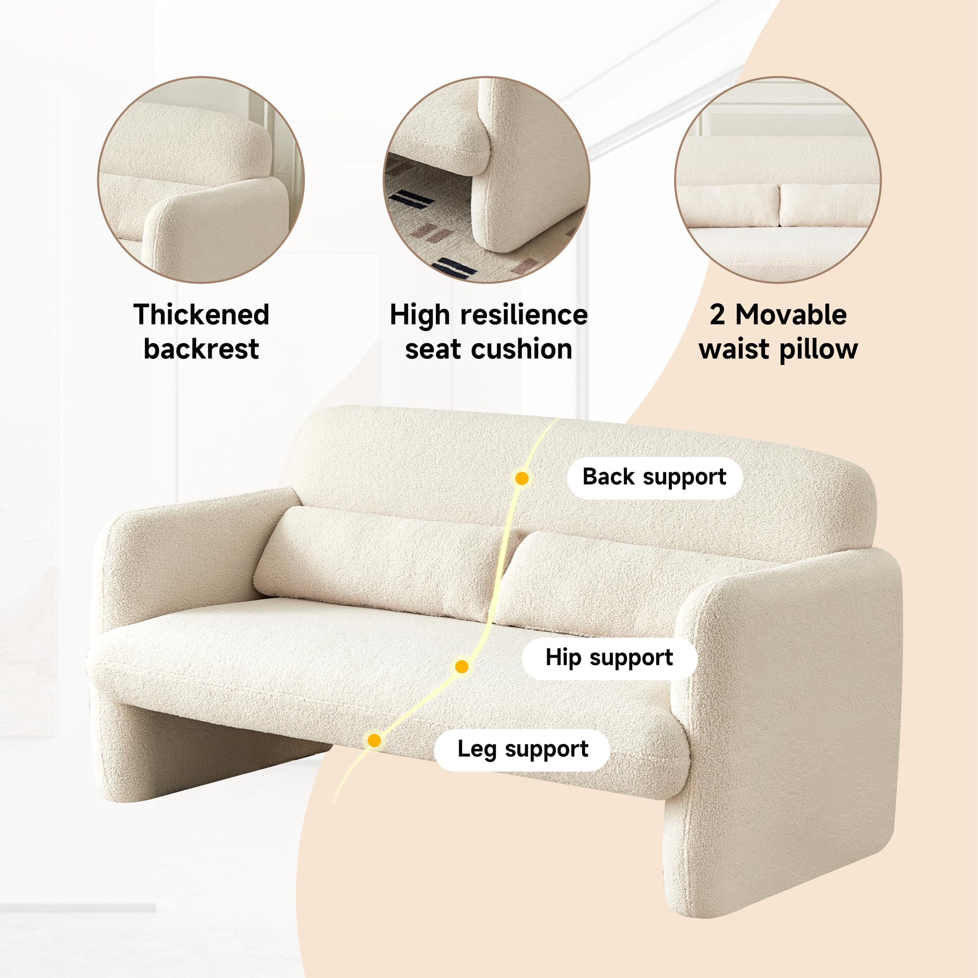 VASOENY 59.06'' Loveseat Sofa, 2 Seater Sherpa Lamb Fabric Love Seat Couch, Comfy Upholstered Modern Leisure Loveseat Couches with 2 Waist Pillow for Bedroom, Office, Living Room