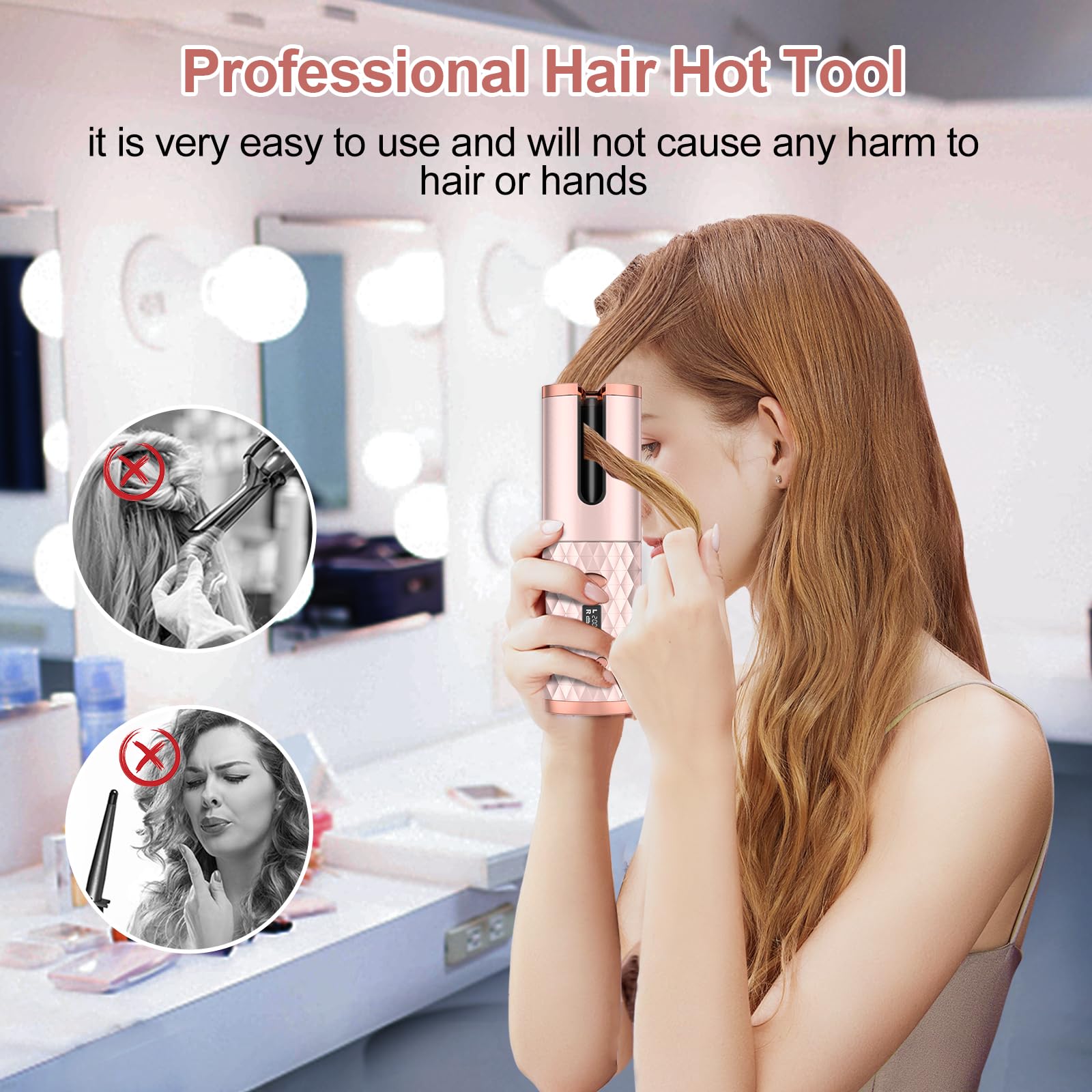 Automatic Curling Iron, Cordless Auto Hair Curler w/ 6 Temp & Timer, Rechargeable Ceramic Hair Curlers, Portable Rotating Curling Wand Styling Tool, Fast-Heating, Auto Shut Off