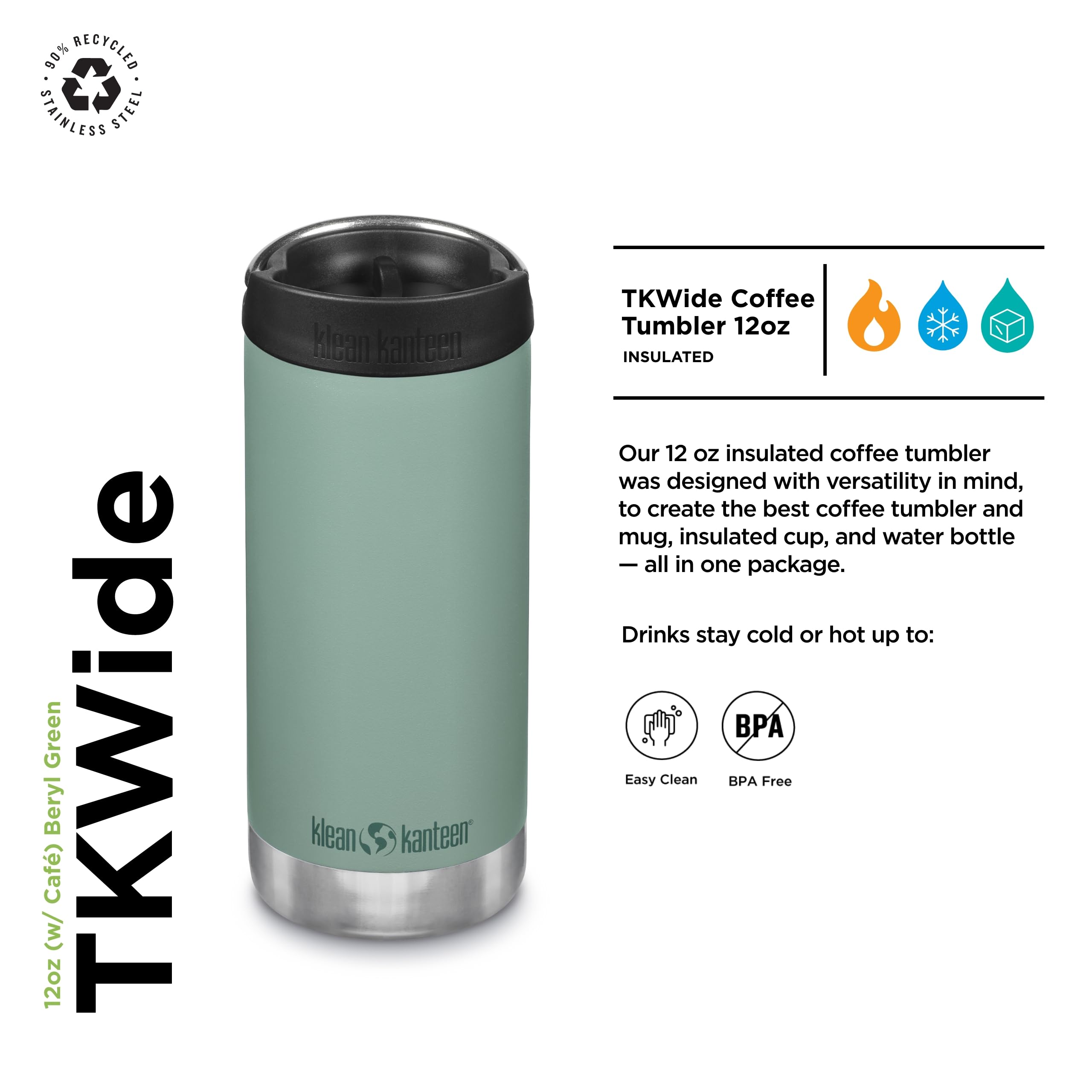 KLEAN KANTEEN Tkwide Green Beryl Cafe Cap with Insulated Tumbler 12oz, 1 EA