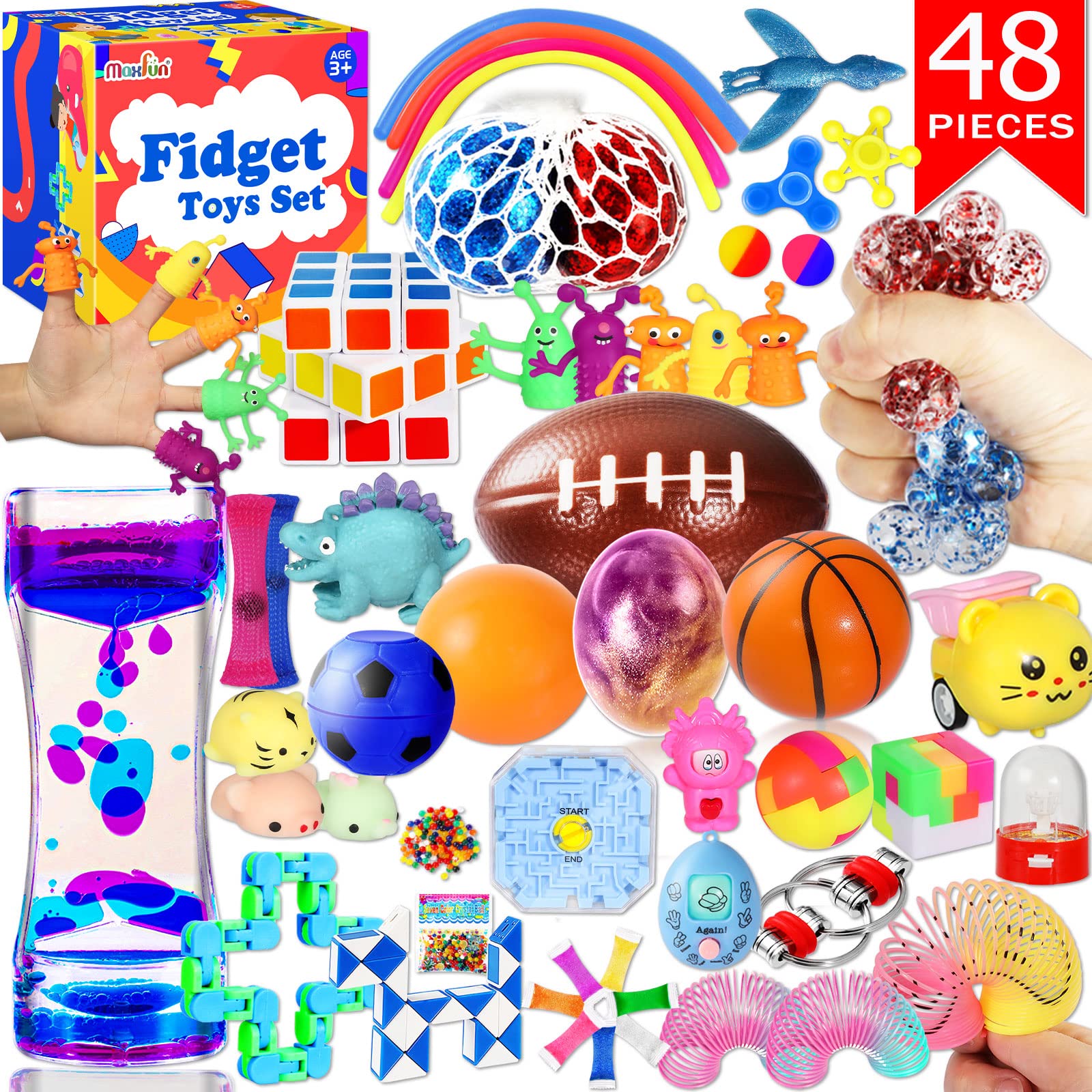 Max Fun Sensory Fidget Toys Set Bundle 48 Pack Stress Relief Anti-Anxiety Tools Toys for Kids Adult Children Autistic ADHD Fidgets Box, Squeeze Ball Marble Mesh Wacky Track