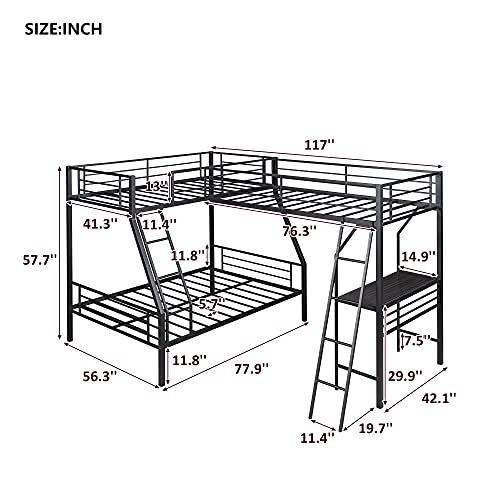 JJRY L-Shaped Metal Twin Over Full Bunk Bed with A Twin Size Loft Bed Attached A Desk and Two Inclined Ladders, Black