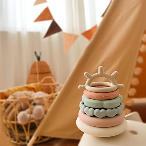 Moonkie Stacks of Circles Soft Teething Toy | Educational Learning Baby Toy | Stacking Ring Toys for Babies | 7 Piece Teethers Set