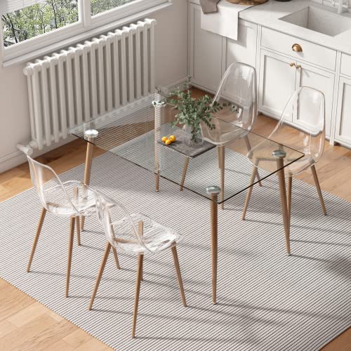 Glass Dining Table Set for 4, 51 inch Dining Table & Chair Sets with Light Wood Metal Legs for Kitchen, Modern Rectangle Tempered Glass Table Top and Transparent Plastic Dining Chair for Dining Room