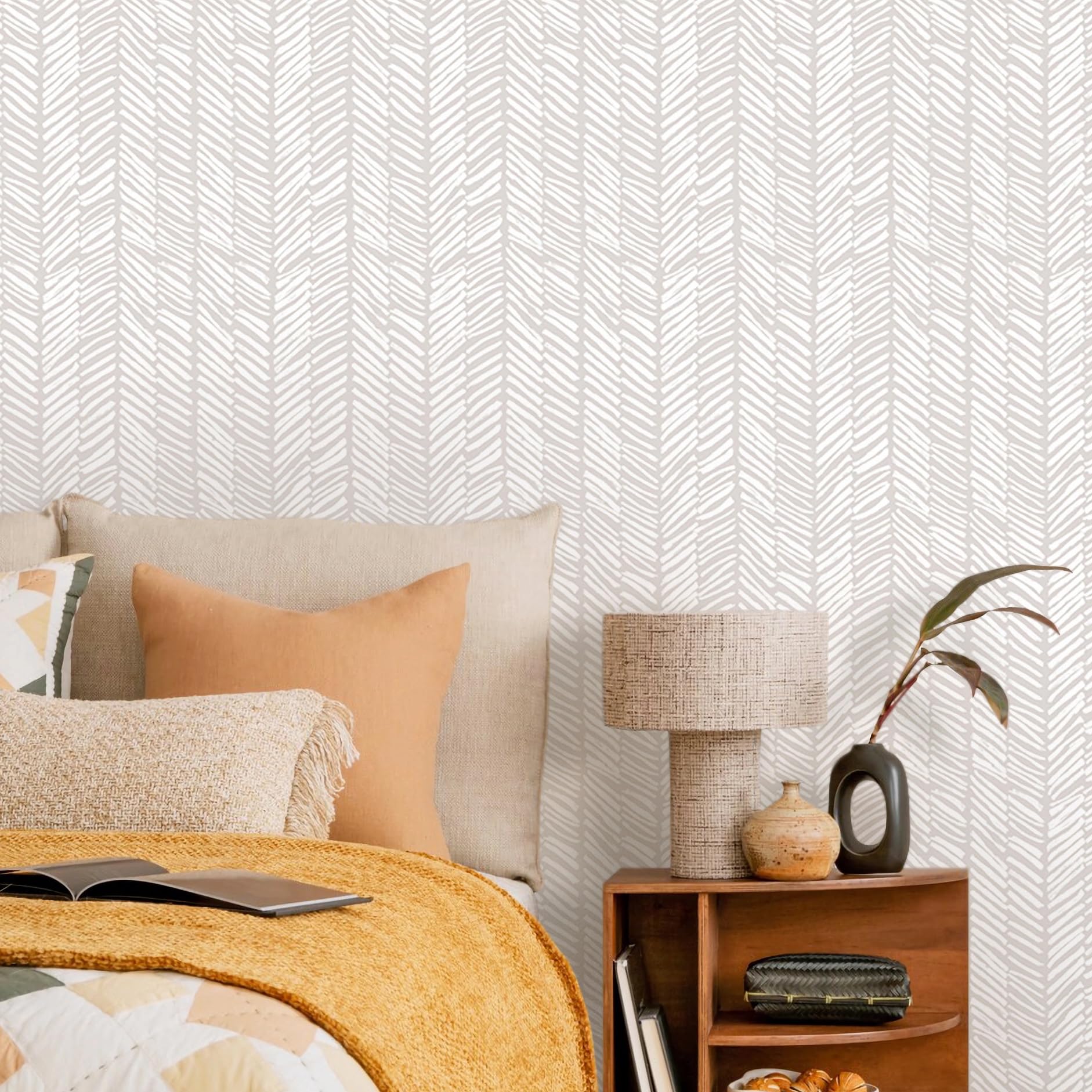 MelunMer Modern Peel and Stick Wallpaper Boho Contact Paper for Cabinets Stripe Wallpaper Line Self-Adhesive Wallpaper Removable Wallpaper for Bathroom Bedroom Shelf Liner Beige Waterproof 78.7"x17.3"