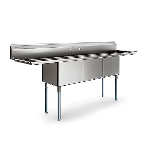 KoolMore 90 in. Three Compartment 18-Gauge Stainless-Steel Commercial Kitchen Sink, Bowl Size 18x18x14, with Three Basins and Pre-Drilled Faucet Holes and Two Drainboards (KM-SC181814-18B3)