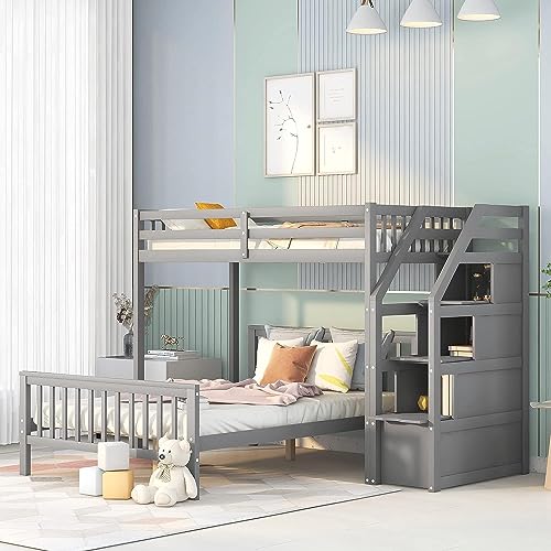 Harper & Bright Designs Twin Over Full Bunk Beds with Storage Stairs, Wooden Stairway Bunk Beds with Removable Bottom Bed and Guardrails for Kids Girls Boys,No Box Spring Needed (Grey)