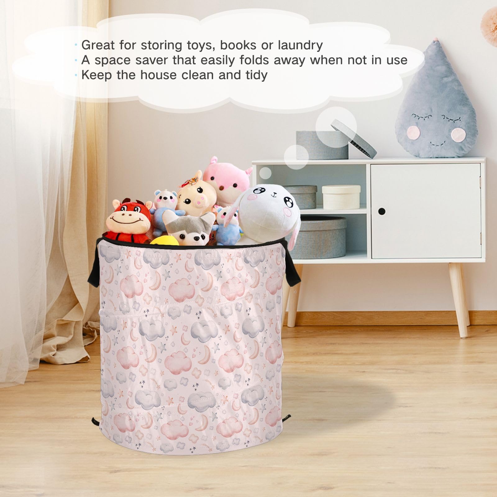 Blue Clouds Gold Stars and Moons Laundry Hamper Cubby Home 62 Qt Collapsible Round