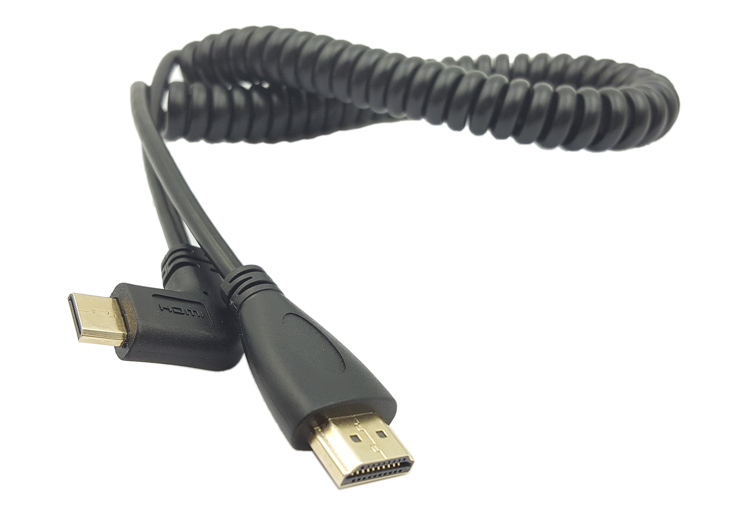 SinLoon Angle 90 Degree Right Mini HDMI to HDMI, Right Angled Mini-HDMI Male to HDMI Male Gold Plated Converter Adapter Coiled Spiral Cable,Support 3D, 1080P,1.5~10 Feet(90Mini-HDMI Right)