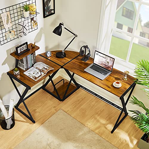 GreenForest L Shaped Desk 58β Reversible Corner Computer Desk with Movable Shelf and CPU Stand, Gaming Desk with Sturdy X Leg Space Saving Home Office Workstation Table, Walnut