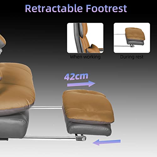 SeekFancy Reclining Office Chair with Footrest O203, Big and Tall Office Chair 500lbs Wide Seat with 170° Backrest, High Back Large Executive Office Chair Lumbar Support,Brown Leather Managerial Chair
